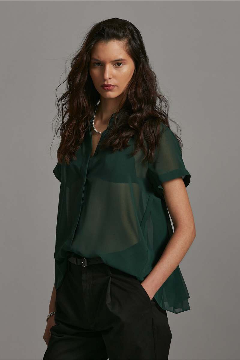 Forest Green Juno Shirt | Sheer Pleated Blouse by Nique – Nique Clothing